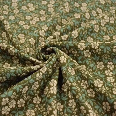 Вельветовая ткань с цветочным принтом, 1 метр army green flower