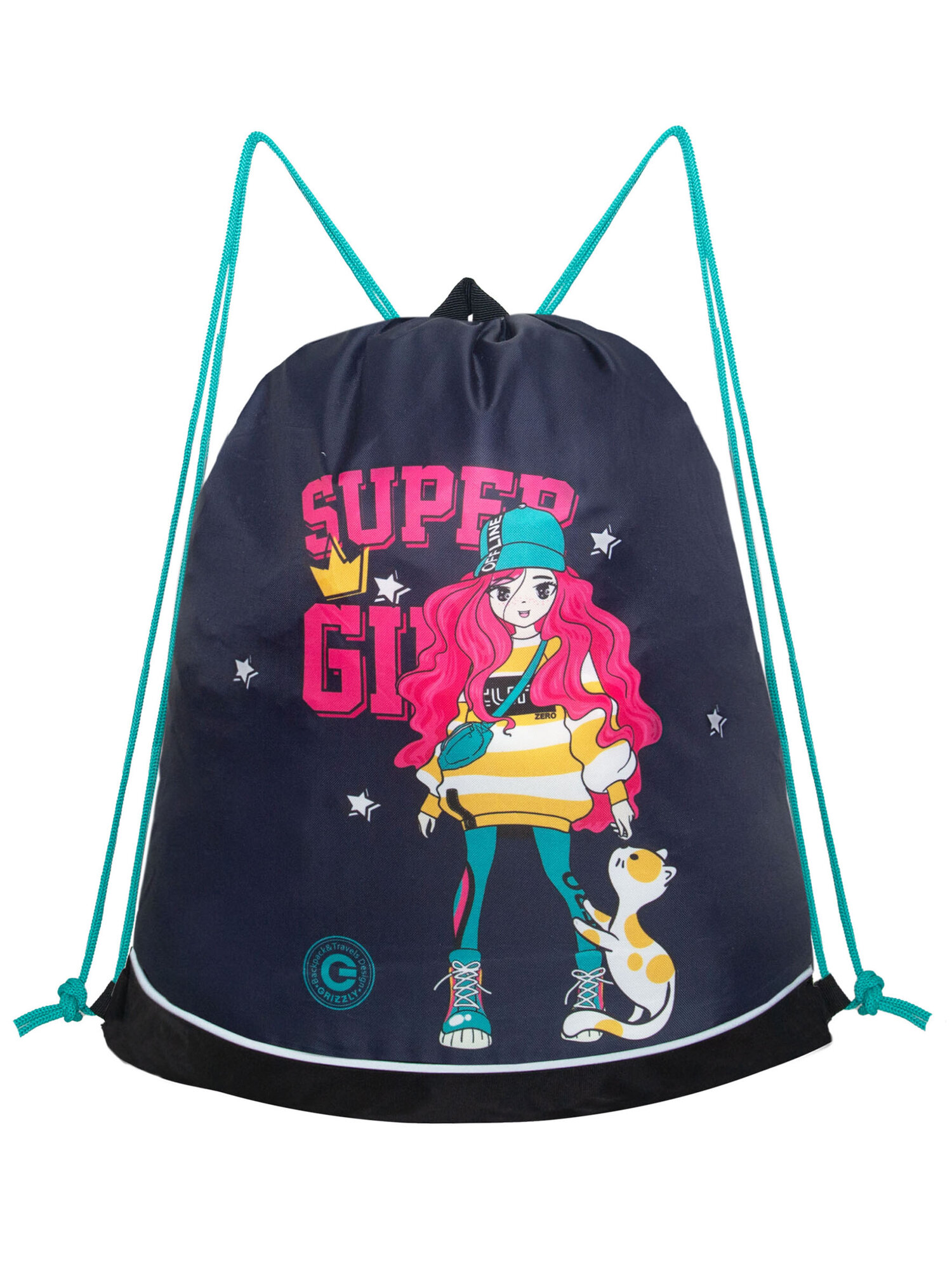 Мешок для обуви GRIZZLY с одним отделением, с боковым карманом, укрепленным дном, для школы, для девочки OM-40-2/2