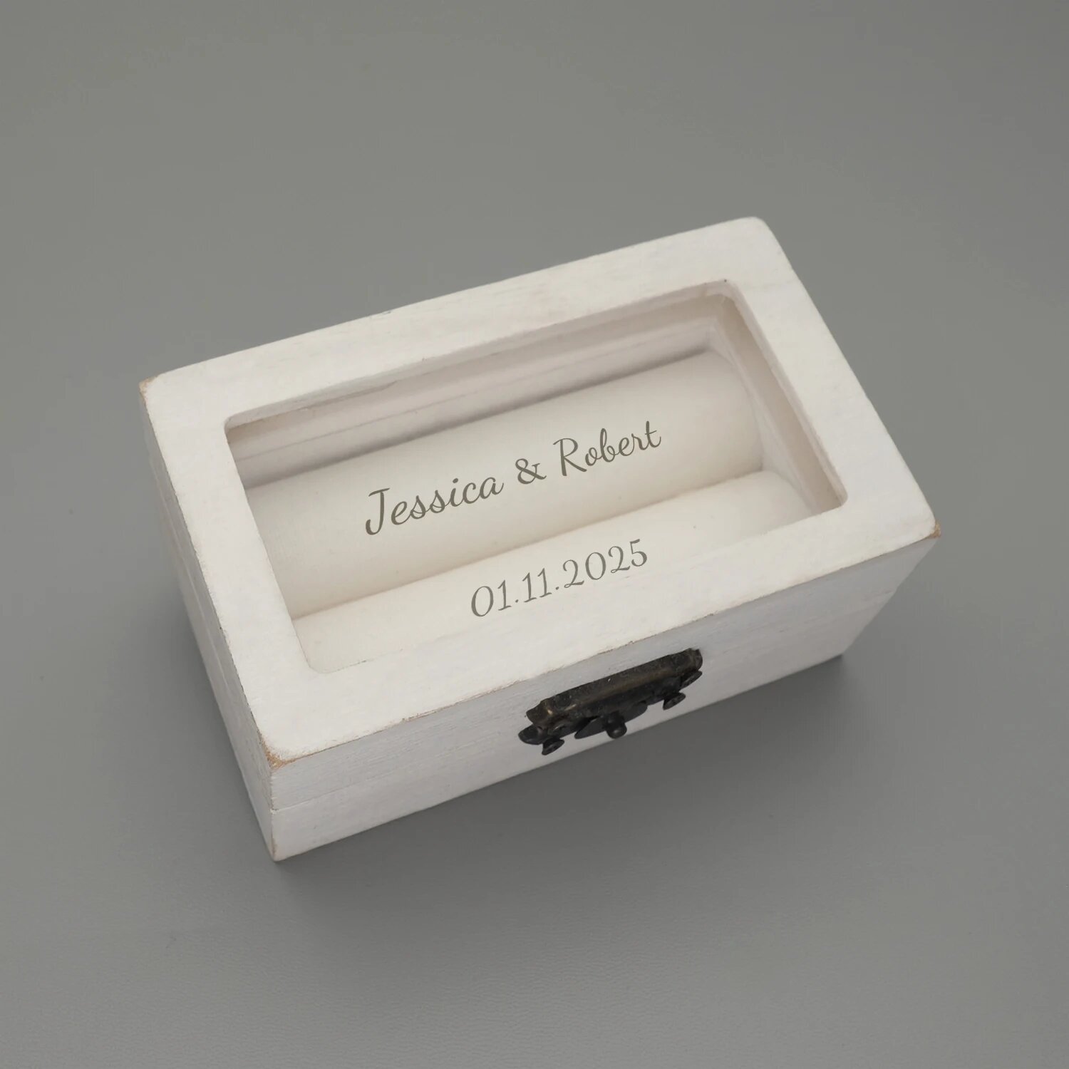 Персонализированная деревянная шкатулка для обручальных колец 01 WB Names And Date