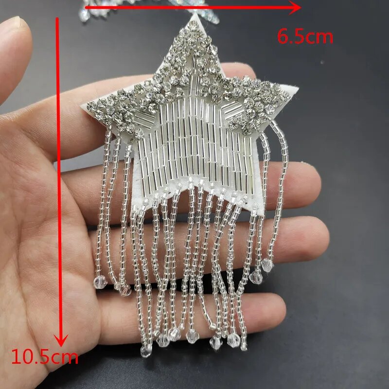 Нашивка-звезда с бисером, 10.5x6.5 см, серебряный/античный латунь