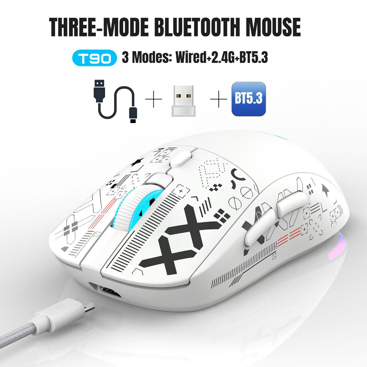 Беспроводная мышь T90 3600 DPI Тихая 2.4G/USB/BT5.3 Белый Водный принт Игровая мышь без зарядного док-станции
