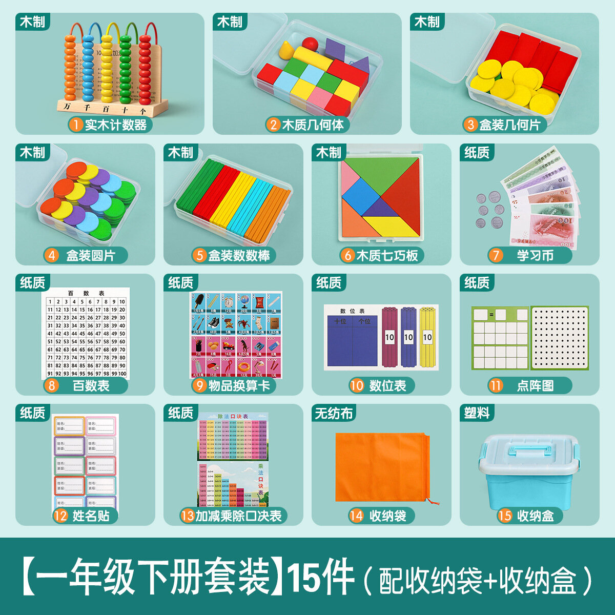 Учебные пособия по математике для первого класса, полный комплект счетных бусин для первого и второго семестров второго класса начальной школы, набор учебных инструментов и школьных принадлежностей.
