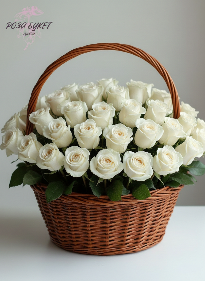 Букет цветов, букет из белых роз 51 шт в корзине, премиум цветы, плетеная коричневая корзина, долгий букет
