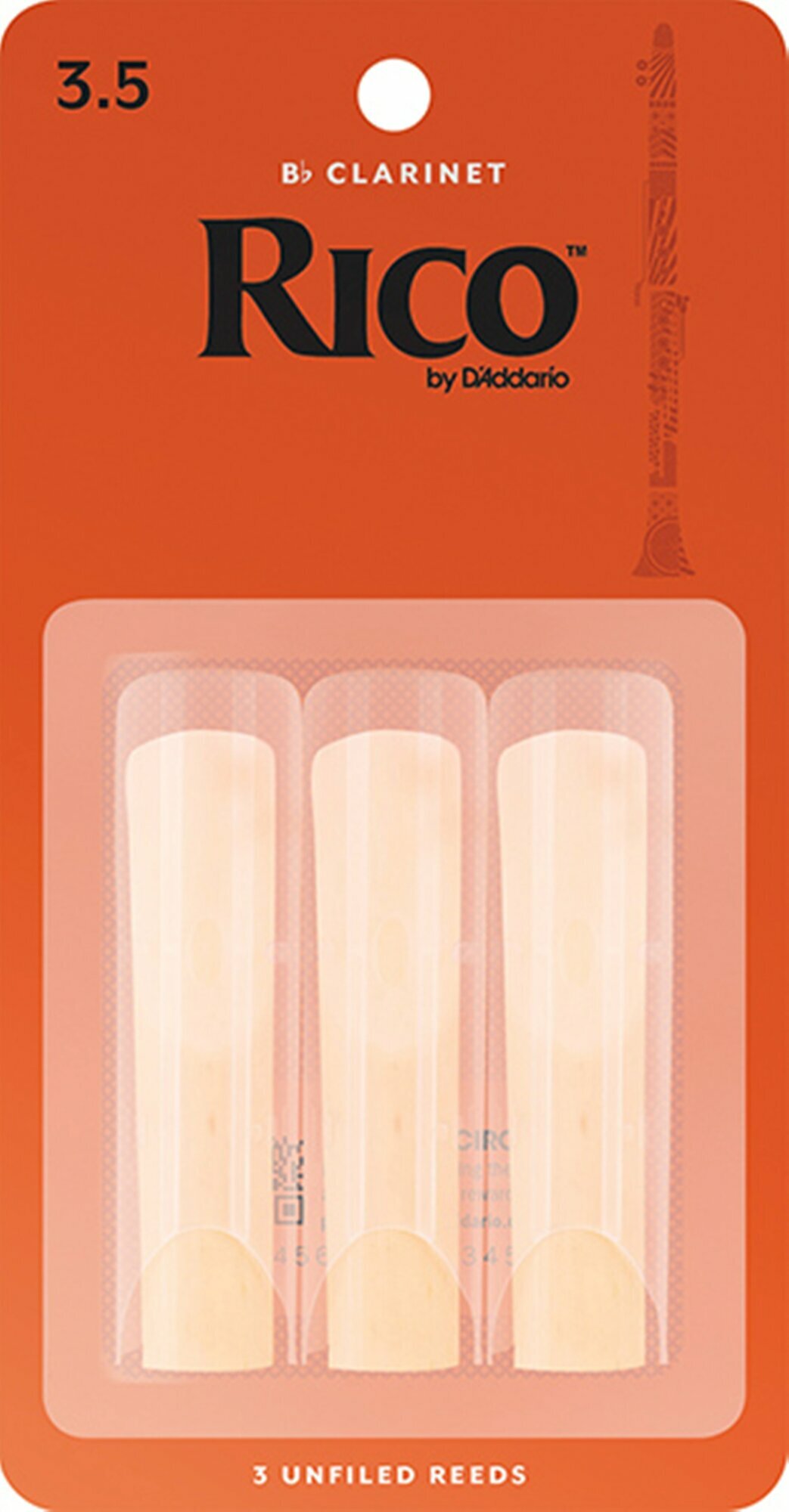 RCA0335 Rico Трости для кларнета Bb, размер 3.5, 3шт, необработанный низ среза, Rico