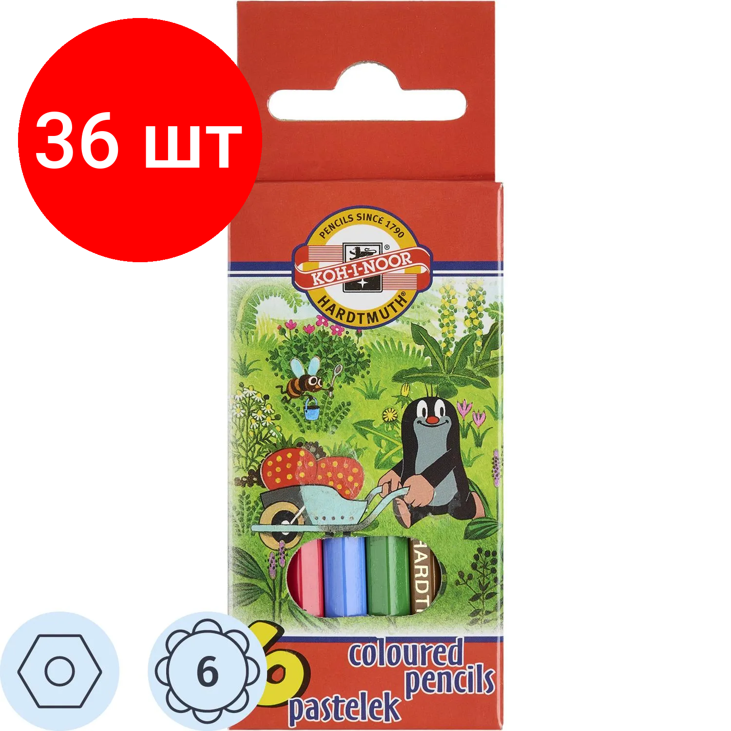 Комплект 36 упаковок, Карандаши цветные KOH-I-NOOR короткие Крот 6 цв/наб 3621006046KSNN