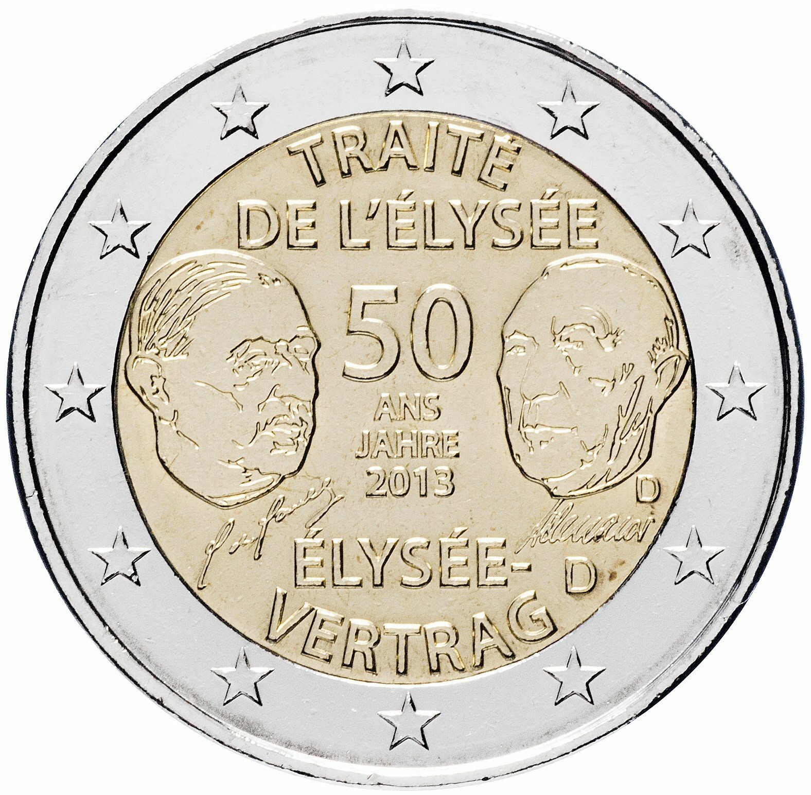 Германия 2 евро 2013 D "50 лет Елисейскому договору о франко-германской дружбе", Биметалл, в сохранности UNC