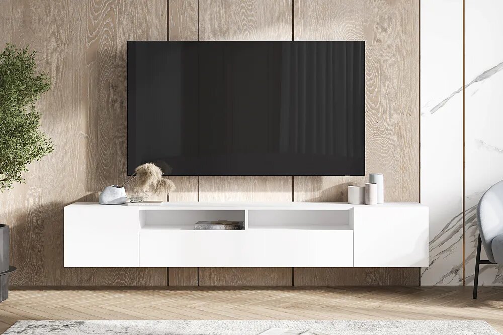 Тумба ТВ под телевизор, ниша для ТВ, 3 двери, 2 открытые полки, Сити, 200х33х34.6 см, ЛДСП, Белый цвет