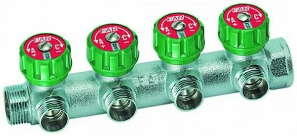 FK 3824 3412 FAR Коллектор распределительный 3/4 , проходной, хромированный, 4 отвода 1/2 ЕК