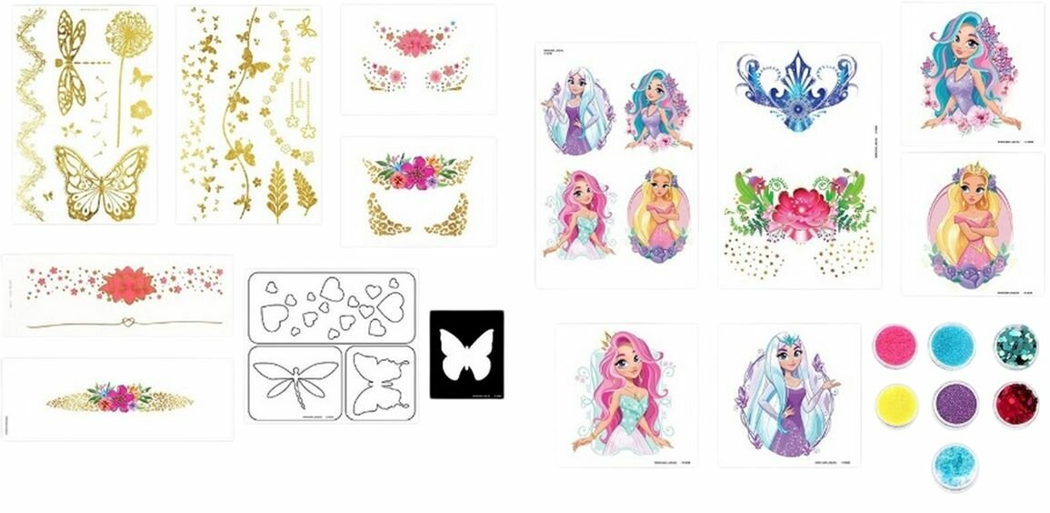 Переводные тату детские "Тату Феи" с блестками для девочек, наклейка-переводка на тело, временная татуировка для детей, набор из 2 листа