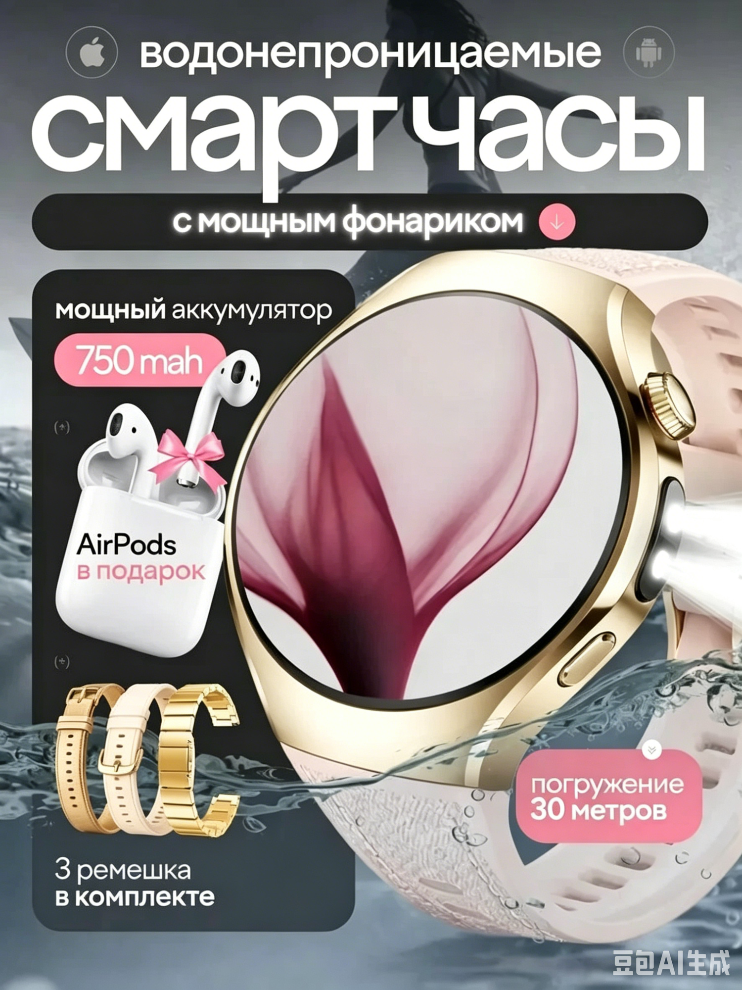 Часы G8MIN, розовые, с беспроводными наушниками, влагозащита 30м.