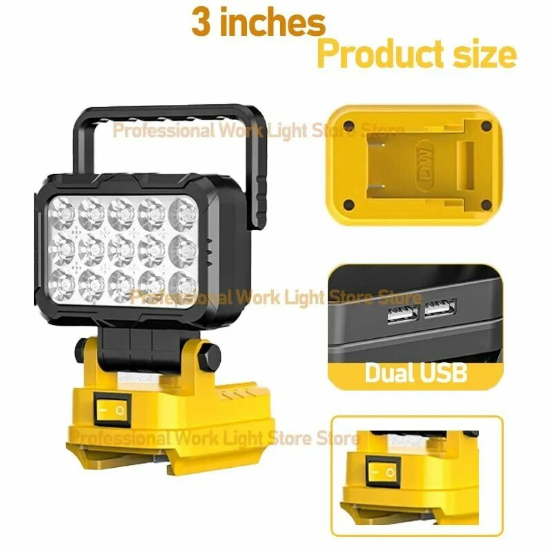 Светодиодный фонарик, совместимый с литиевой батареей Dewalt 18 В, аккумуляторный фонарь для работы с электроинструментом, с USB и ручкой