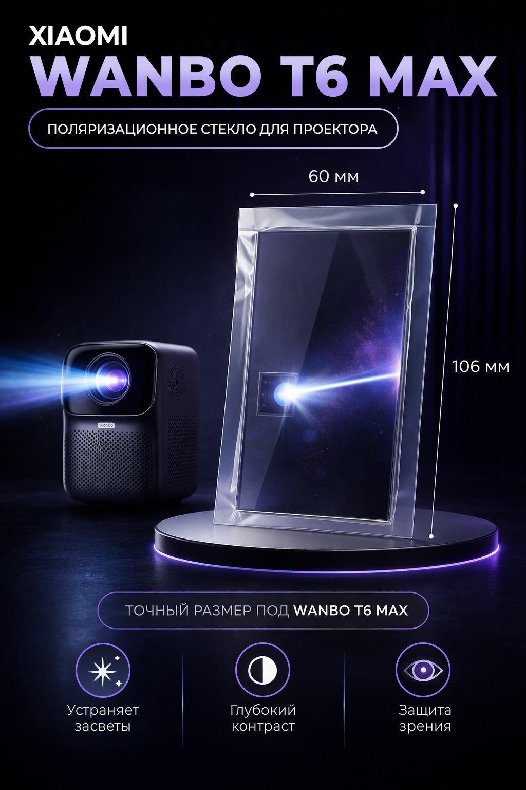 Поляризационное стекло для проектора Xiaomi Wanbo T6 Max 106x60мм