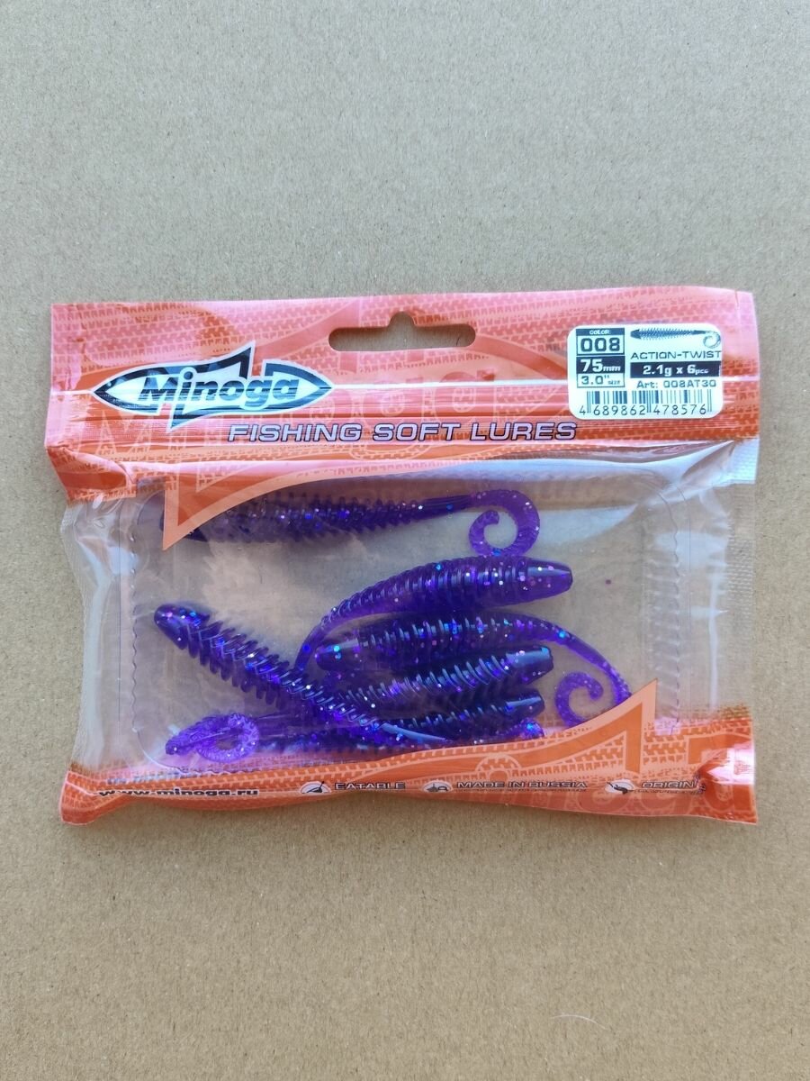 Силиконовая приманка Minoga Action Twist 3" (6шт) 75мм, 2.1гр, цвет 008 / твистер