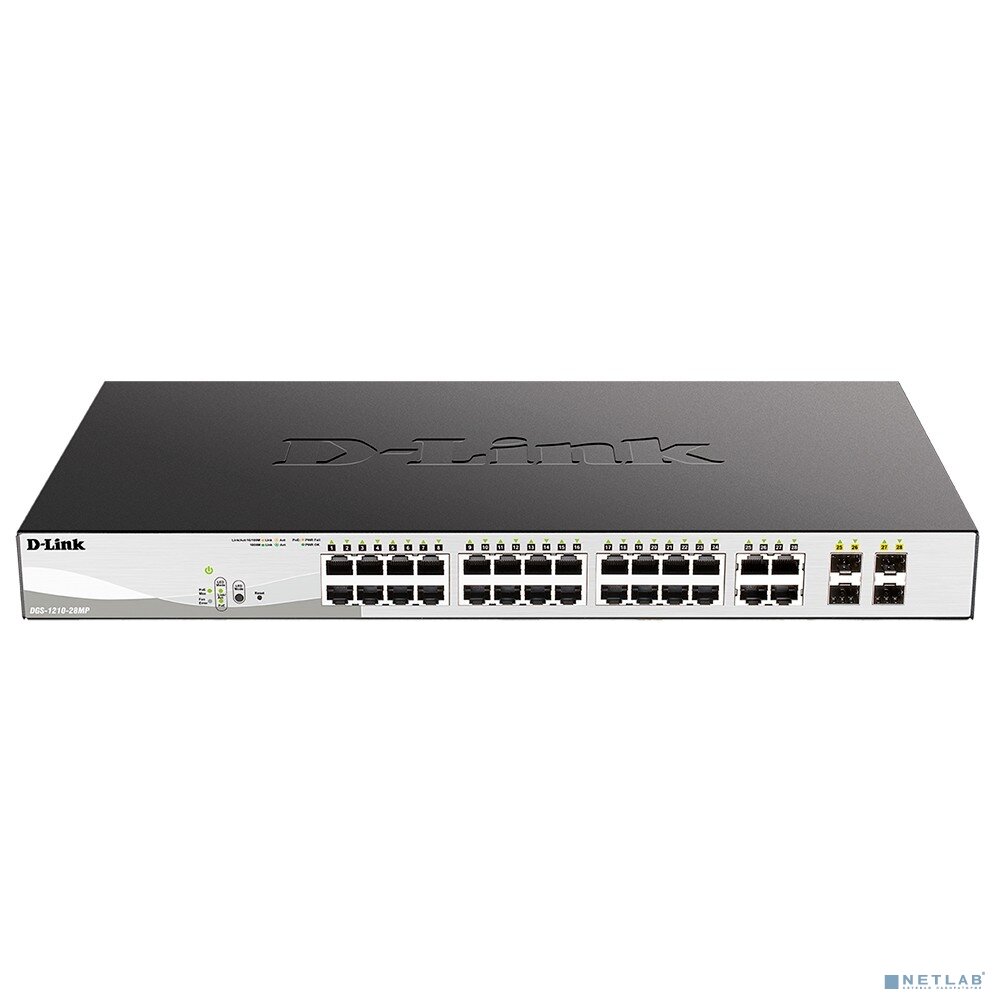D-Link DGS-1210-28MP/F4A Управляемый L2 коммутатор с 24 портами 10/100/1000Base-T и 4 комбо-портами 100/1000Base-T/SFP (24 порта PoE 802.3af/at, PoE-бюджет 370 Вт)