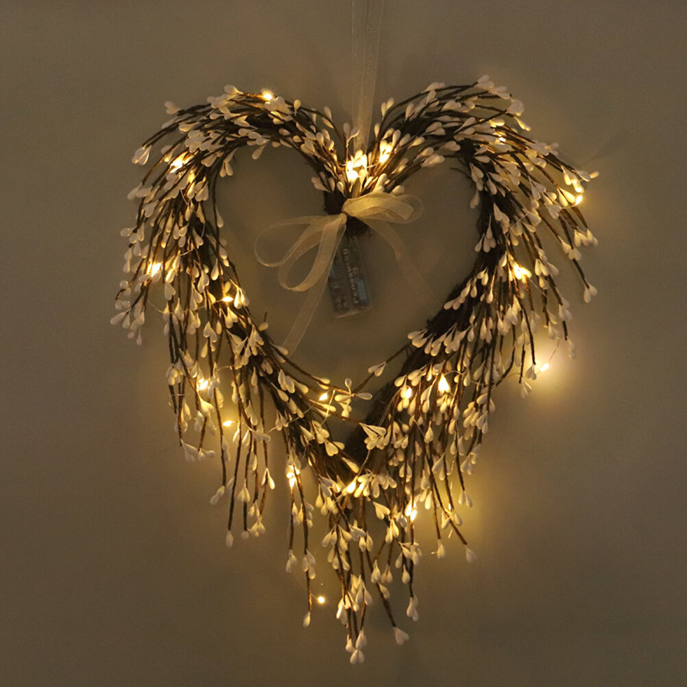 Венок в форме сердца на День святого Валентина для украшения стены, лестницы в гостиной, декора из веток и светодиодной подсветки, деревянный венок в деревенском стиле для домашнего декора