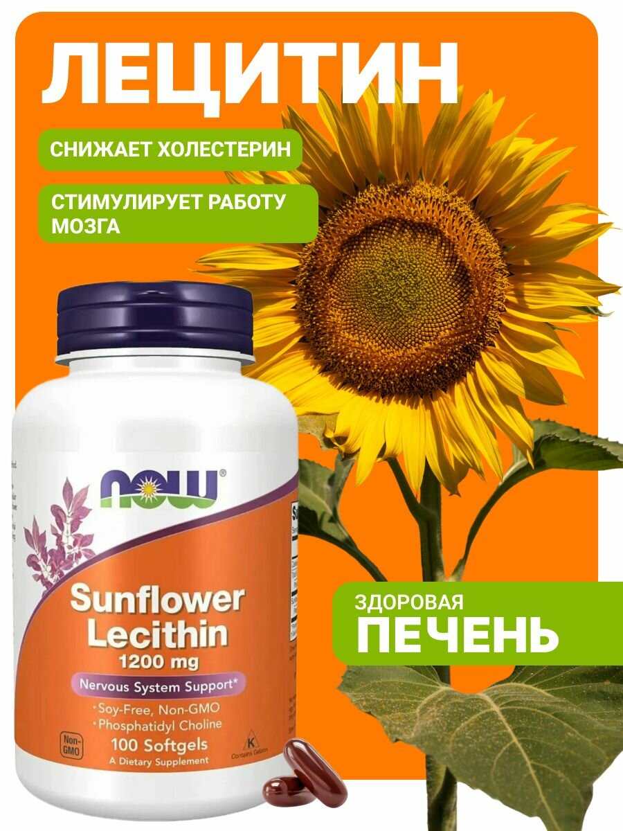 NOW Sunflower Lecithin 1200 мг, 100 софтгелей подсолнечный лецитин с фосфатидилхолином