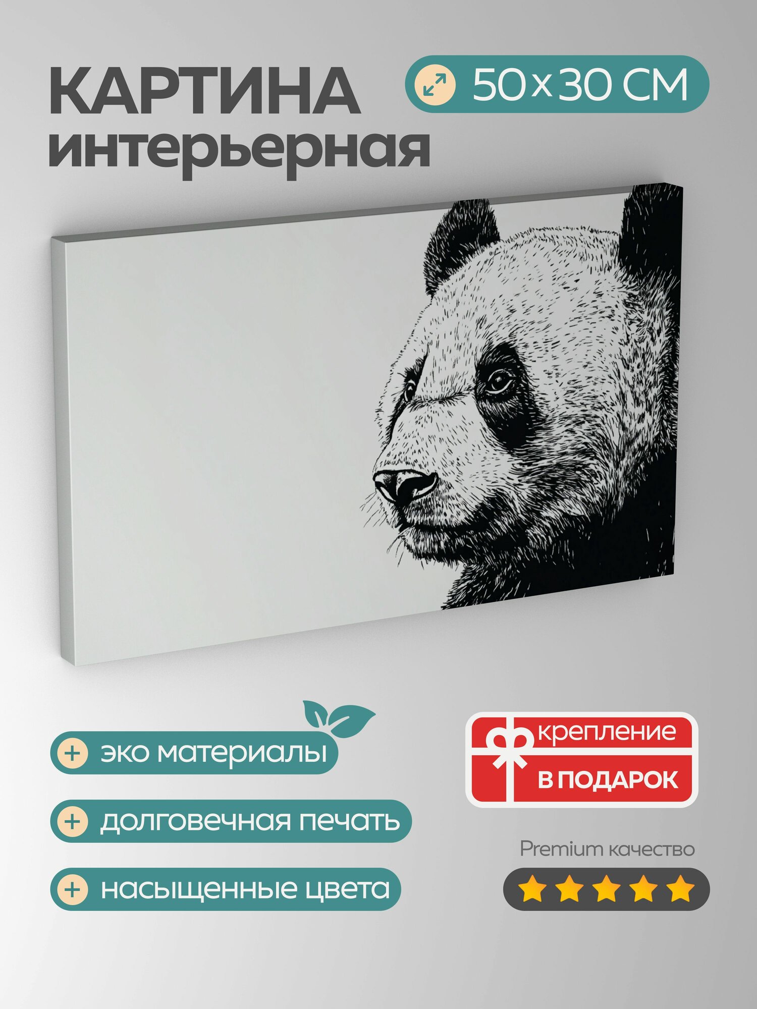 Картина на холсте интерьерная 50х30 см, Панда, тушь, черно-белый мех, узоры, минимализм, естественная красота