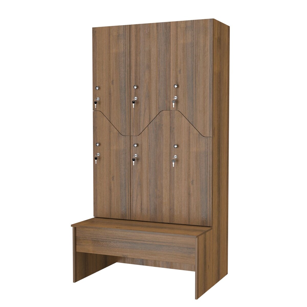 Шкаф для раздевалок со скамейкой комбо-элегия №3-1А, Орех. Производство товара - компания ТОБ.