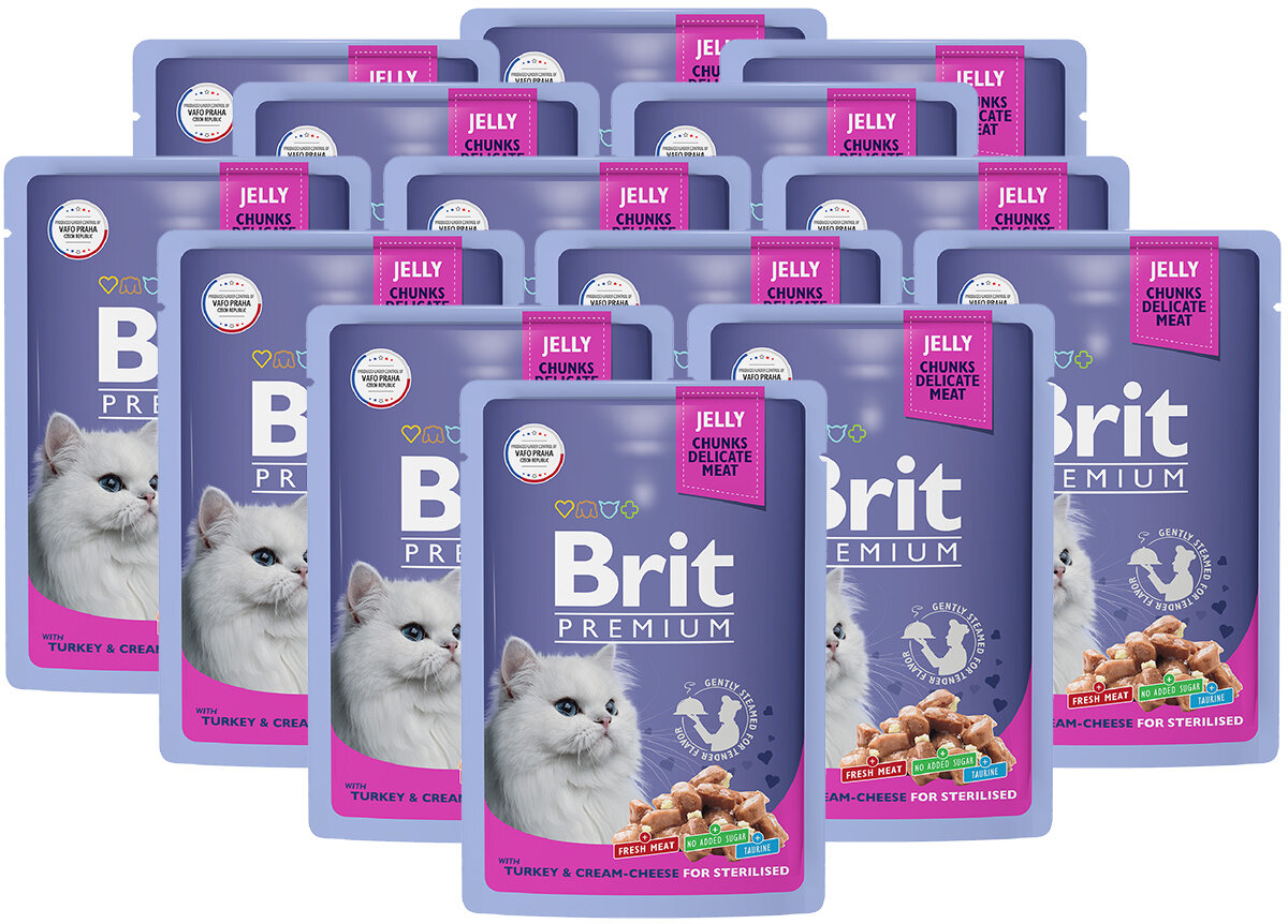 Консервированный корм BRIT PREMIUM для взрослых кастрированных котов и стерилизованных кошек с индейкой и сыром в желе (85 гр х 14 шт)