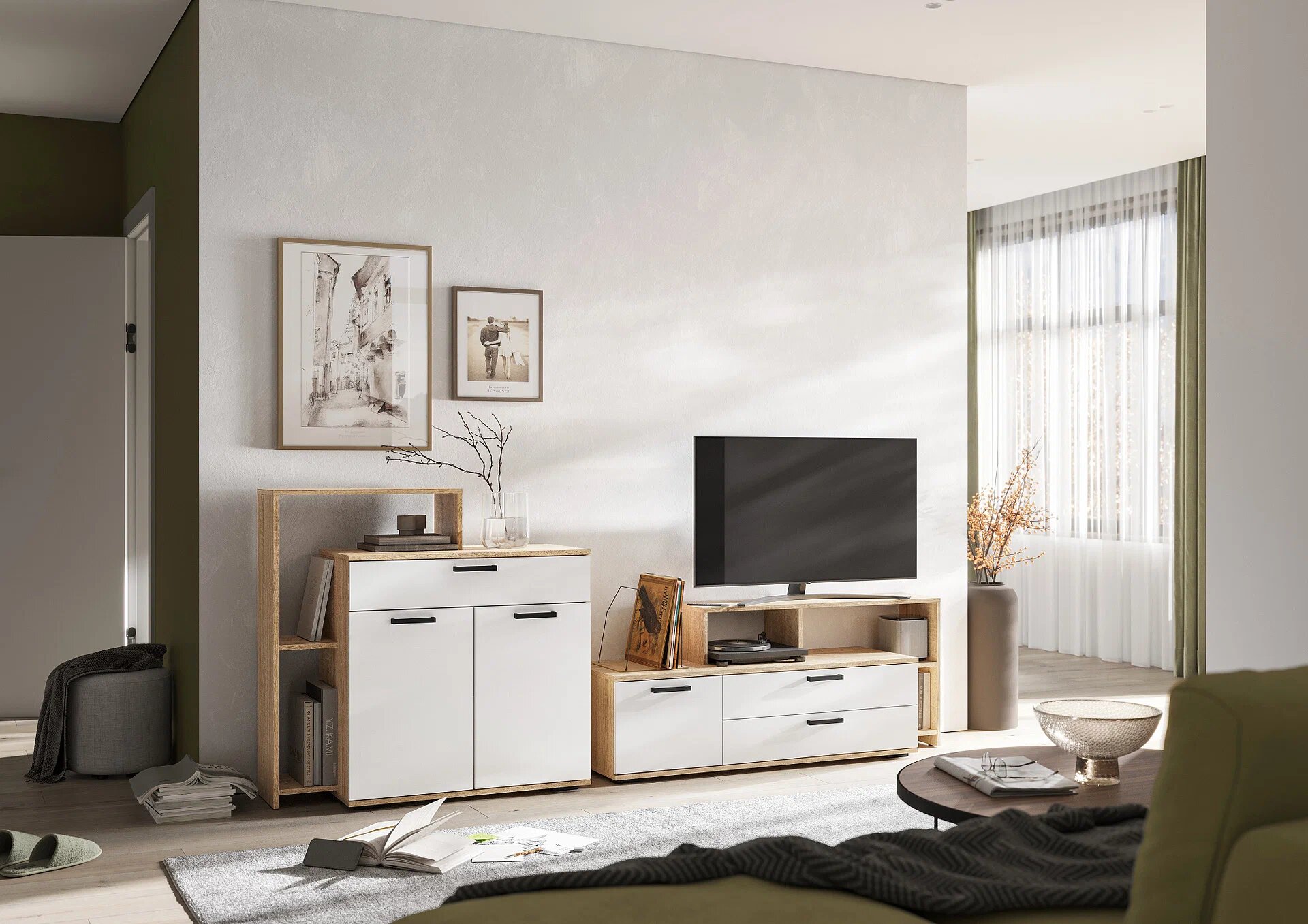 Комод с пристройкой, открытые и закрытые полки,1 выдвижной ящик