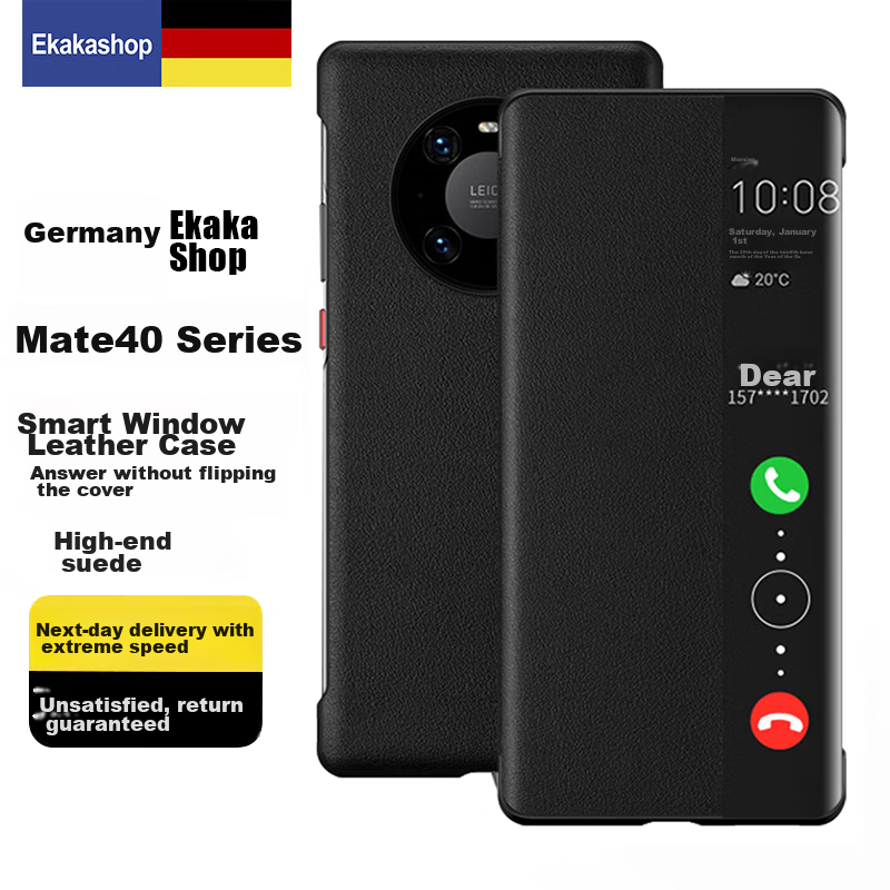 Ekakashop [Germany] Flip Cover Smart View Window Epro Protective Case for Huawei Mate 40 Pro, Full Protection Shockproof High-End Business Leather Case - Mysterious Black
