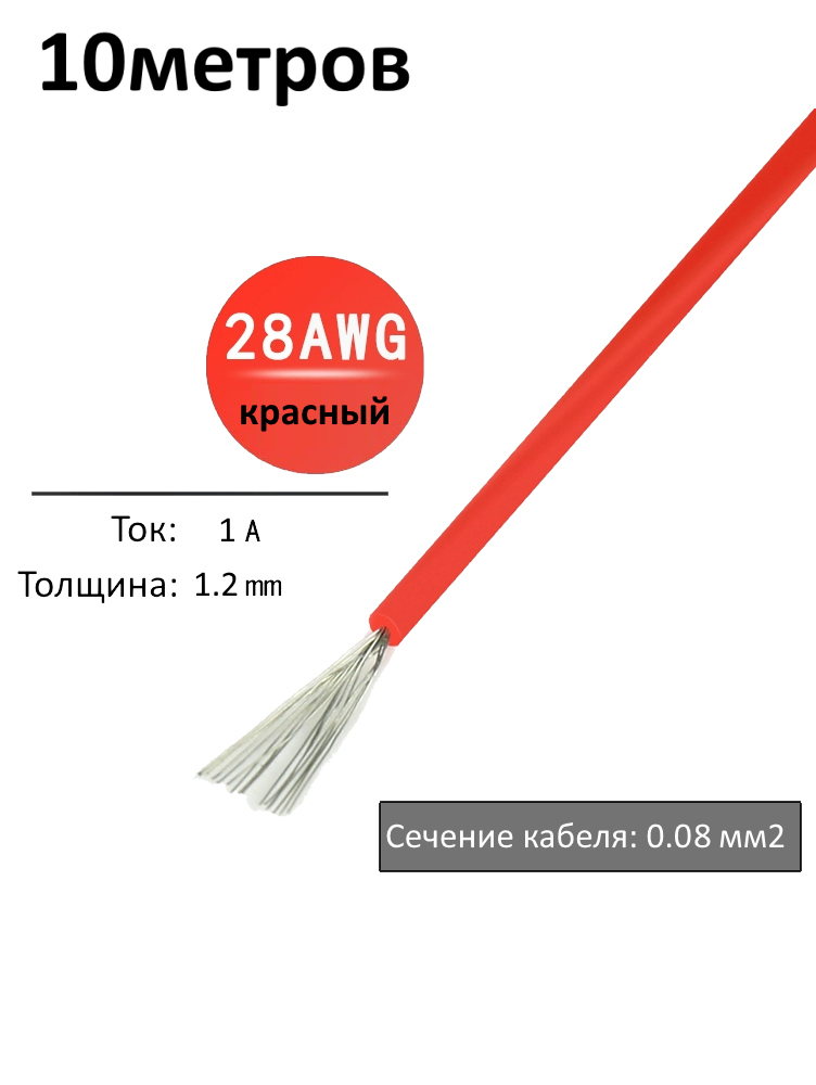 Провод электрический 28AWG, 0.08 кв. мм красный многожильный 10м.