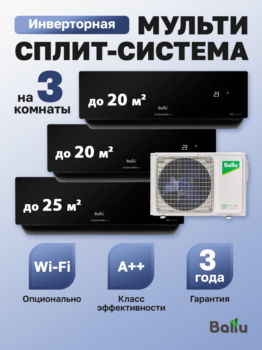 Mульти сплит-система на 3 комнаты 20+20+25м2 инвертор Ballu Free Match BA3OI-FM-21HN8/EU + 2 BSUI-FM-07HN8/EU_BL + BSUI-FM-09HN8/EU_BL