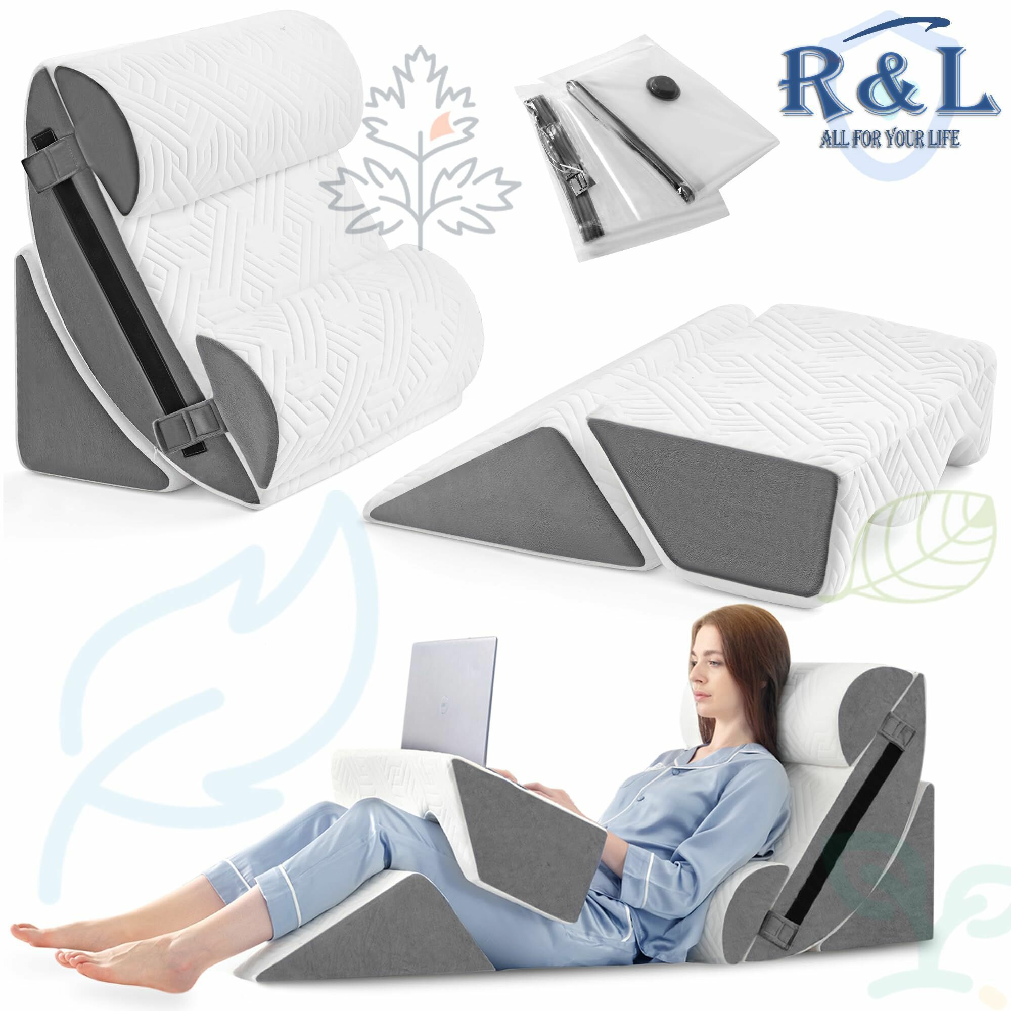Набор ортопедических подушек в форме клина для кровати из 6 предметов, используемых для спины и ног после операции, для облегчения боли, предотвращения храпа, изжоги и нарушения сна при ГЭРБ.