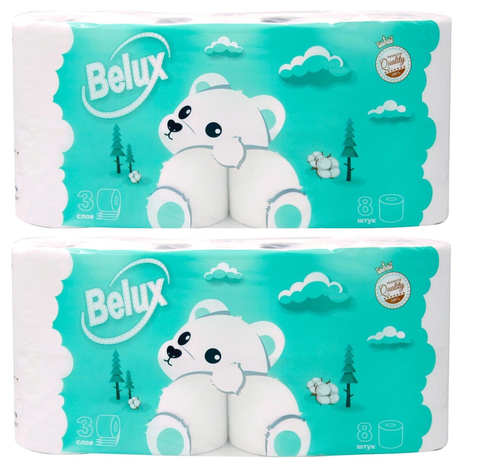 Туалетная бумага BELUX 8 шт. 3-слойная белая,2уп.