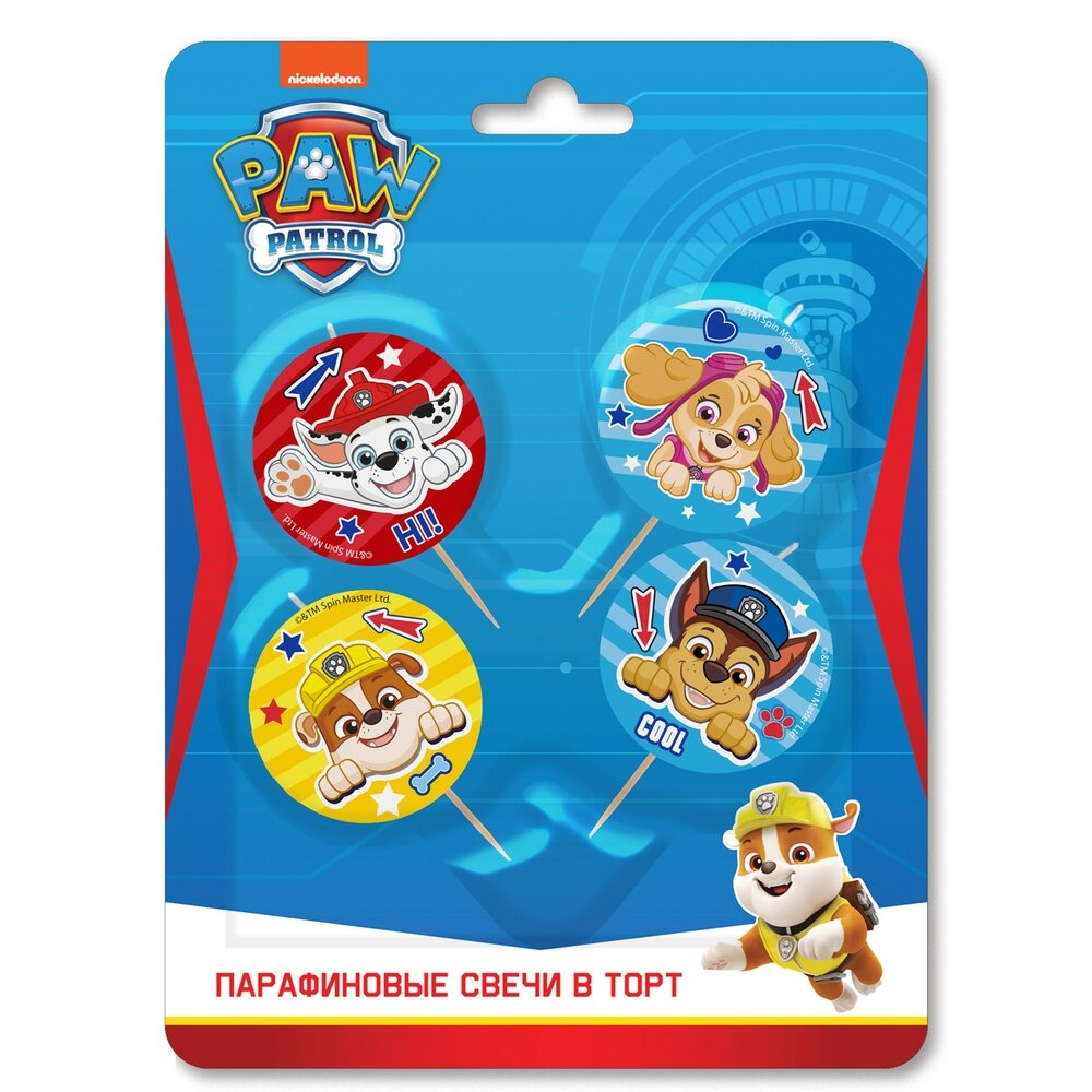 Щенячий патруль. Парафиновые свечи в торт, 4 шт, в блистере (unisex)