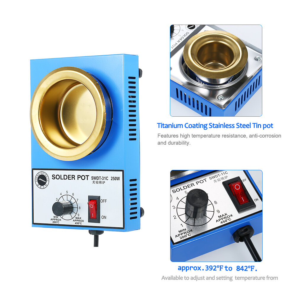 Мини-паяльная ванна 250 Вт, 80 мм, 800 г, титановое покрытие, нерж. сталь, 220В, компактная