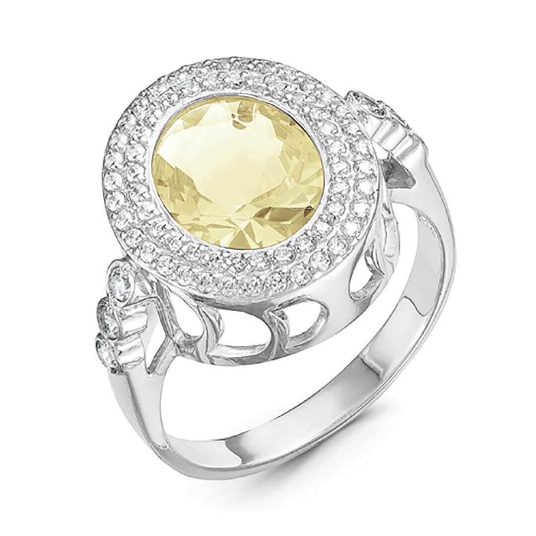 Кольцо, серебро, 925 проба, родирование, цитрин, кварц, фианит