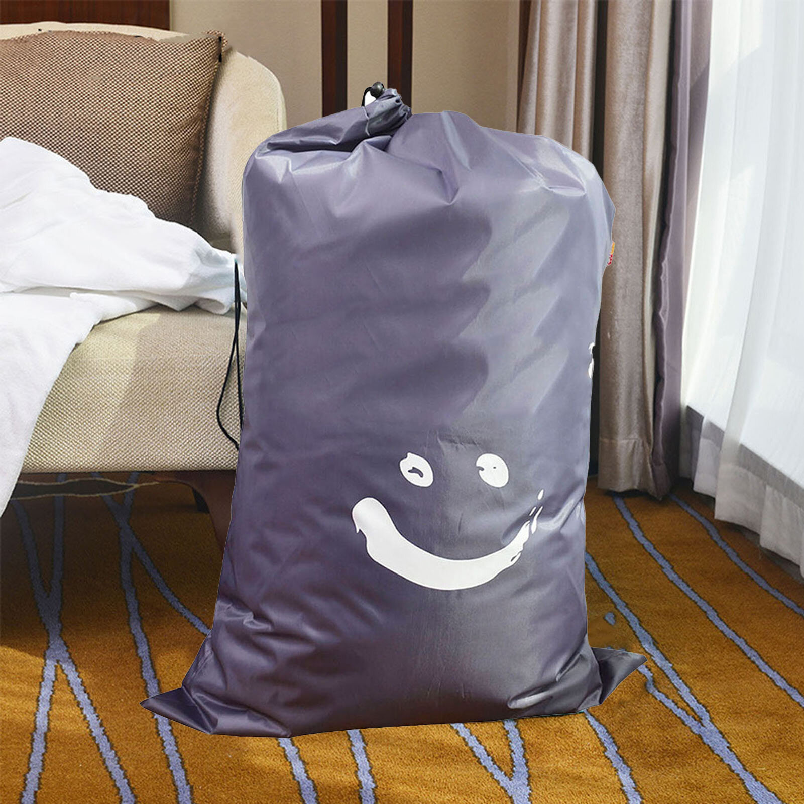 Мешок для стирки, нейлоновый цилиндр на шнурке для домашнего путешествия, грязная одежда, одеяло для хранения книг, темно-серый, улыбающееся лицо