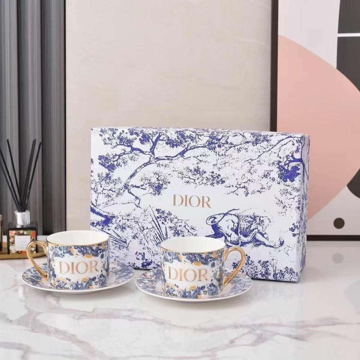 Голубые чашки с блюдцами，Фигурка для чайной церемонии, 250 мл, 4 шт