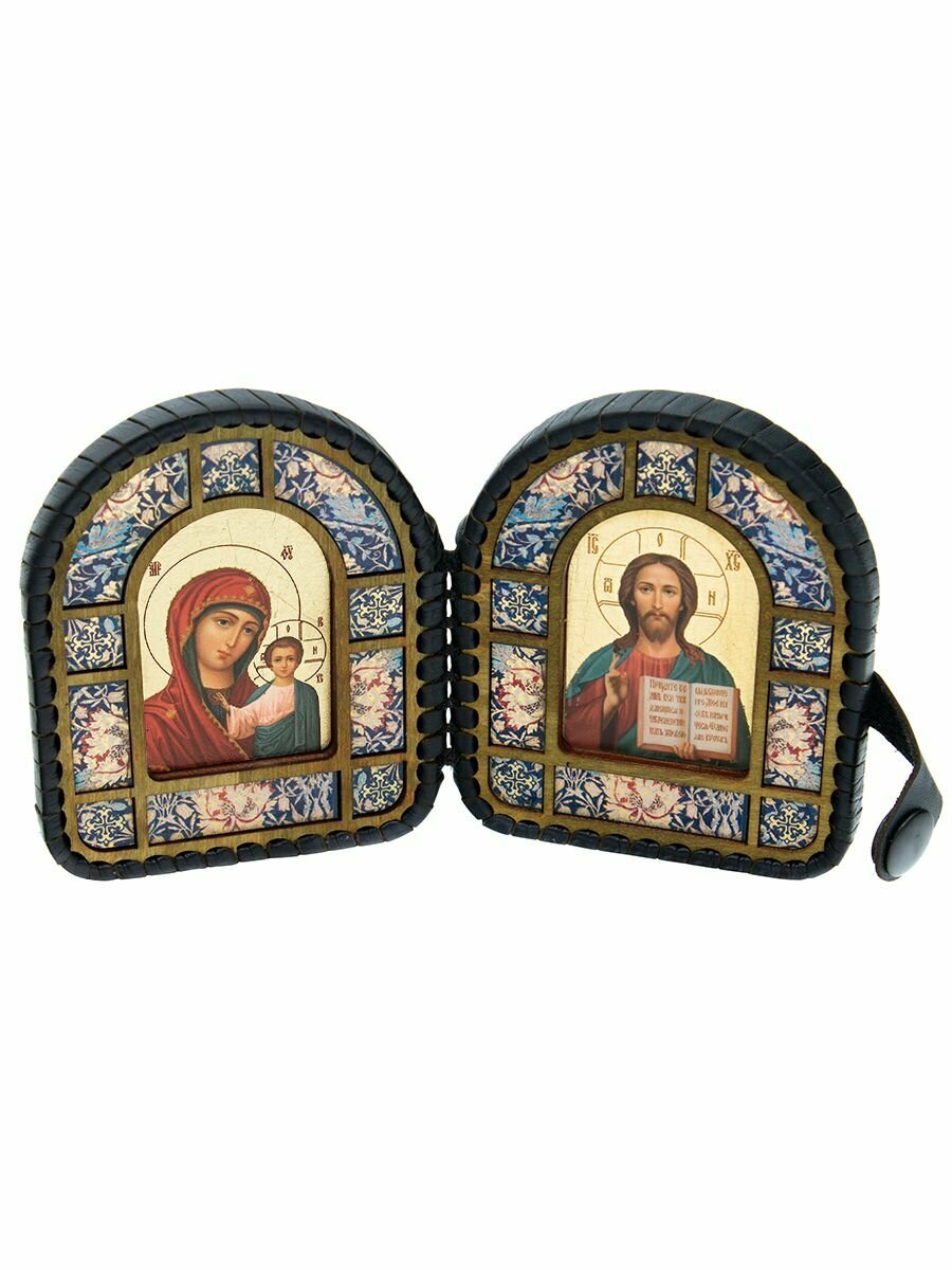 Складень кожаный Богородица Казанская - Спаситель, 7х8,5см.