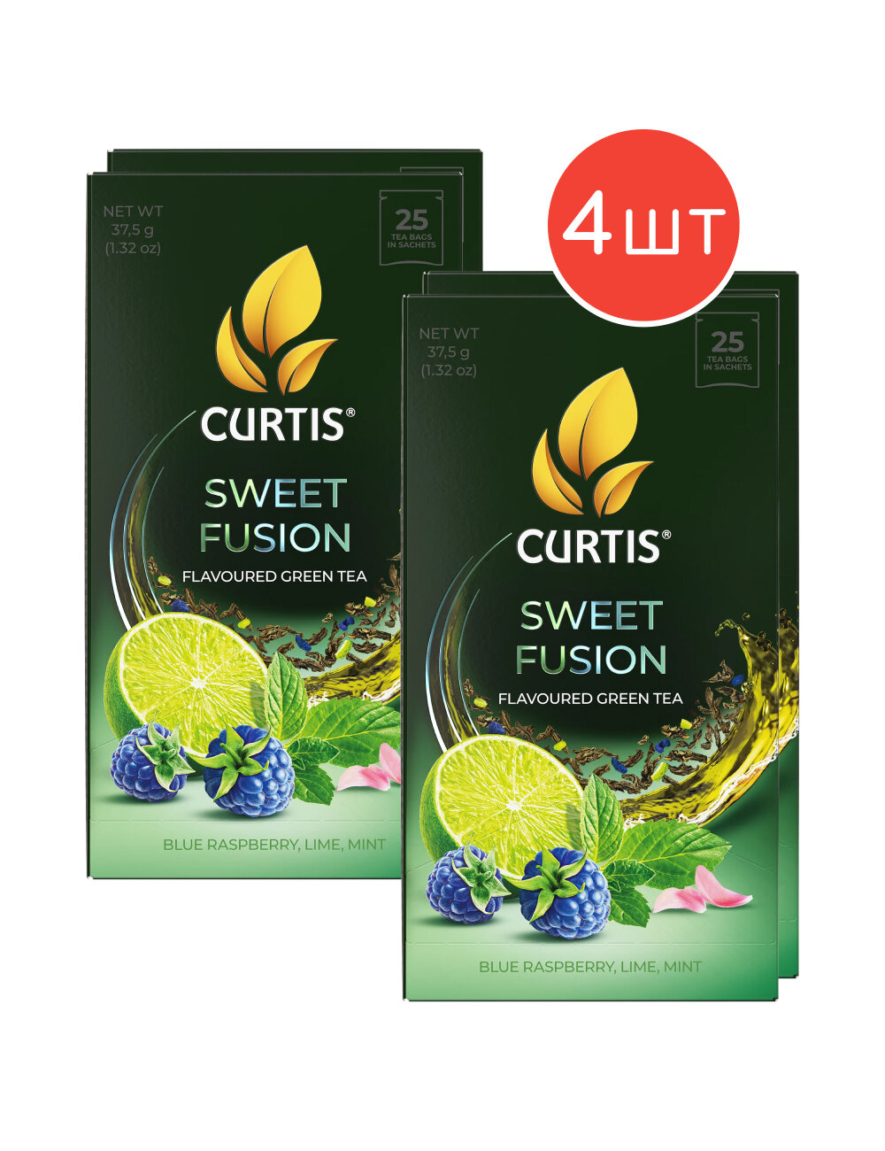 Чай зеленый CURTIS "Sweet Fusion"c лаймом синей малиной и мятой 4 упаковки по 25 пак