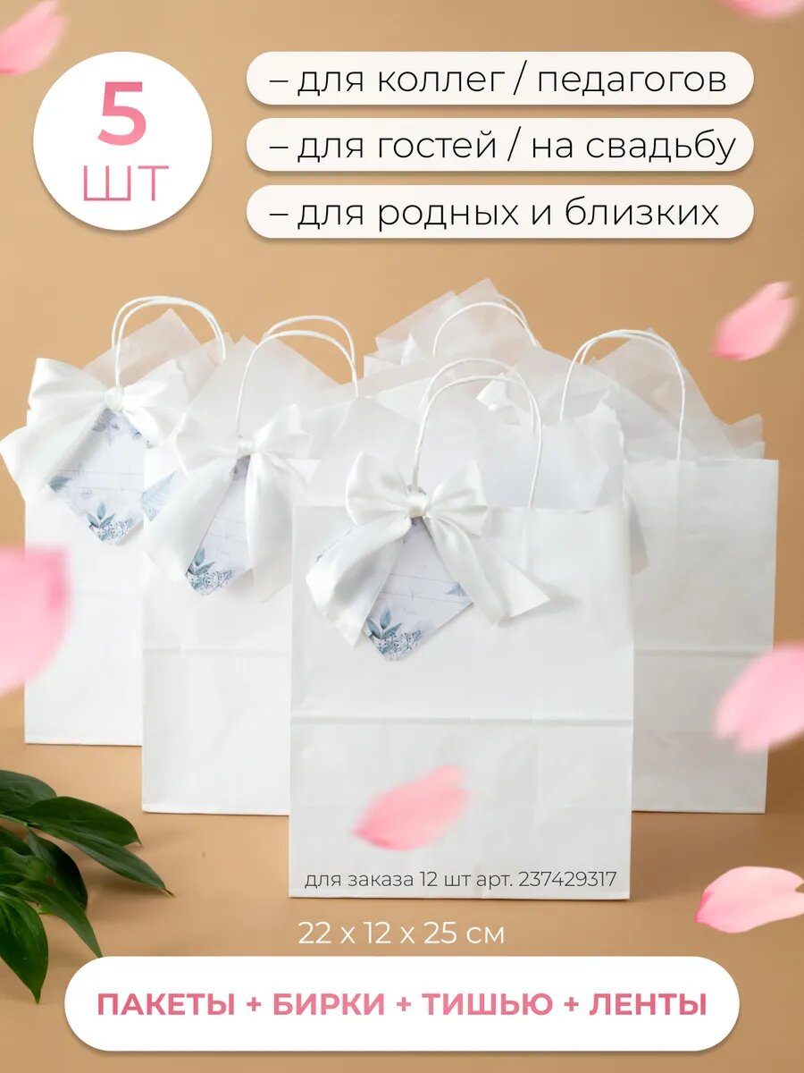 Подарочные пакеты бумажные с бантом, тишью и биркой набор 5 шт.