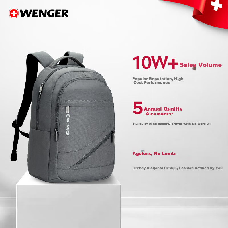 WENGER Swiss Army Knife Backpack 15.6 Inch Laptop Bag Men and Women Business Waterproof Backpack School Bag Gray
