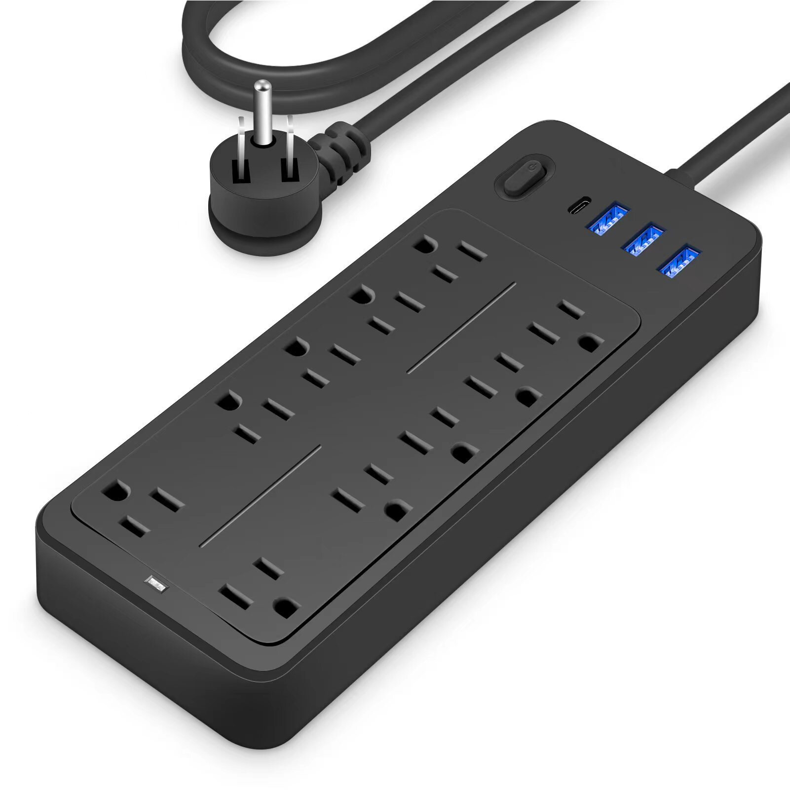 Полоса Power Protector Surge Protector с USB-портами 3,9 фута шнура Многофункциональная молниеносная защита Автоматическая отключение PowerStrip с 10 розетками AC 3 USB-порты и 1 портом типа C FireProof Shell
