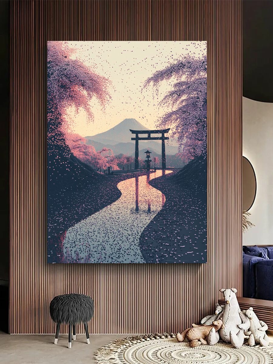 Картина на холсте - "Пейзаж в японском стиле / гора Фудзи и сакура" , 30х40 см.