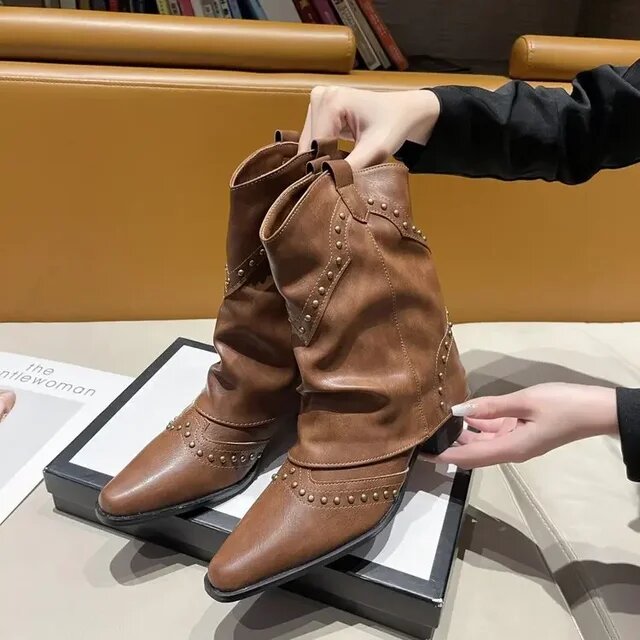Женские ковбойские сапоги в стиле ретро, весна-осень, новые, до середины голени, на высоком каблуке, женские, с острым носком, на толстом каблуке, лодочки до щиколотки