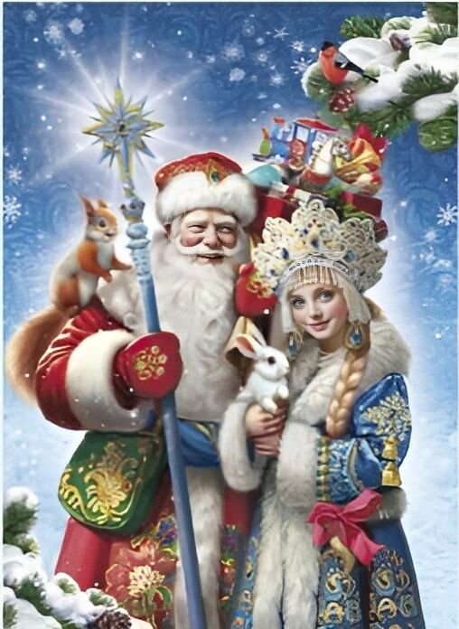 Алмазная мозаика на подрамнике/ Картина стразами Дед Мороз со Снегурочкой, 40х50 см, сложность 5