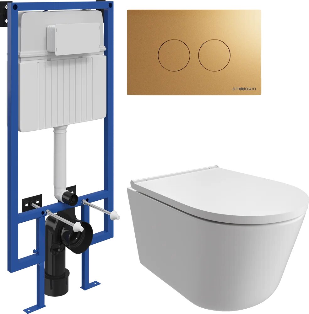 Комплект 3 в 1 Унитаз подвесной DIWO Архангельск 0800 / Инсталляция STWORKI 510162 / Кнопка Хельсинки 500474 цвет матовое золото