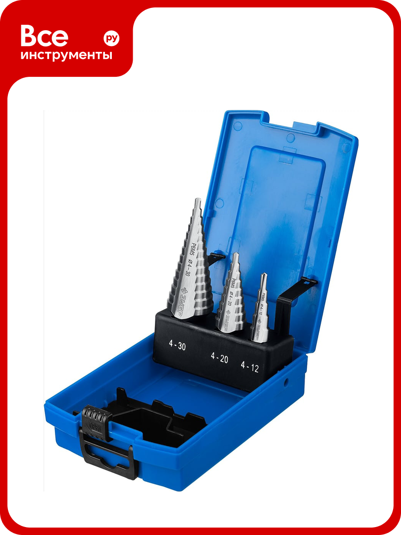 Набор ступенчатых сверл (Р6М5; 3 шт.) по металлу Зубр 29670-4-30-H3_z01 надежной конструкции