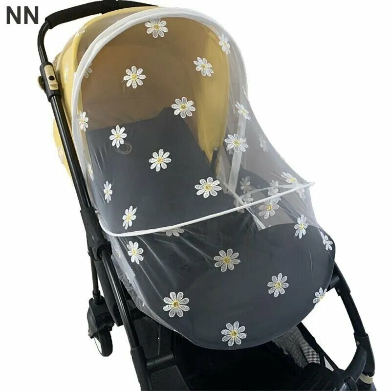 Новый продукт 2025 года(Одна) полностью закрывающая коляску марлевая москитная сетка с вышивкой ромашкой-белая
