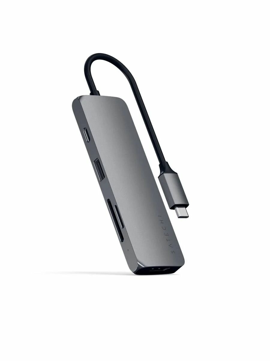 USB-хаб Satechi USB-C Multiport Pro для Macbook с портом USB-C. Порты: 1 x USB 3.0, SD, microSD, 1 x HDMI, 1 x USB-C. Цвет серый космос.