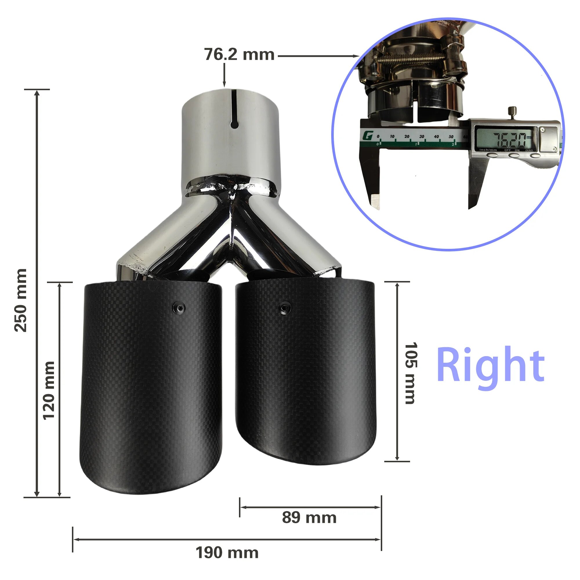 Автомобильный глянцевый глушитель из углеродного волокна, Y-образная форма, двойные выхлопные трубы, глушители, универсальный Глянец из нержавеющей стали 76.2mm-89mm-Right