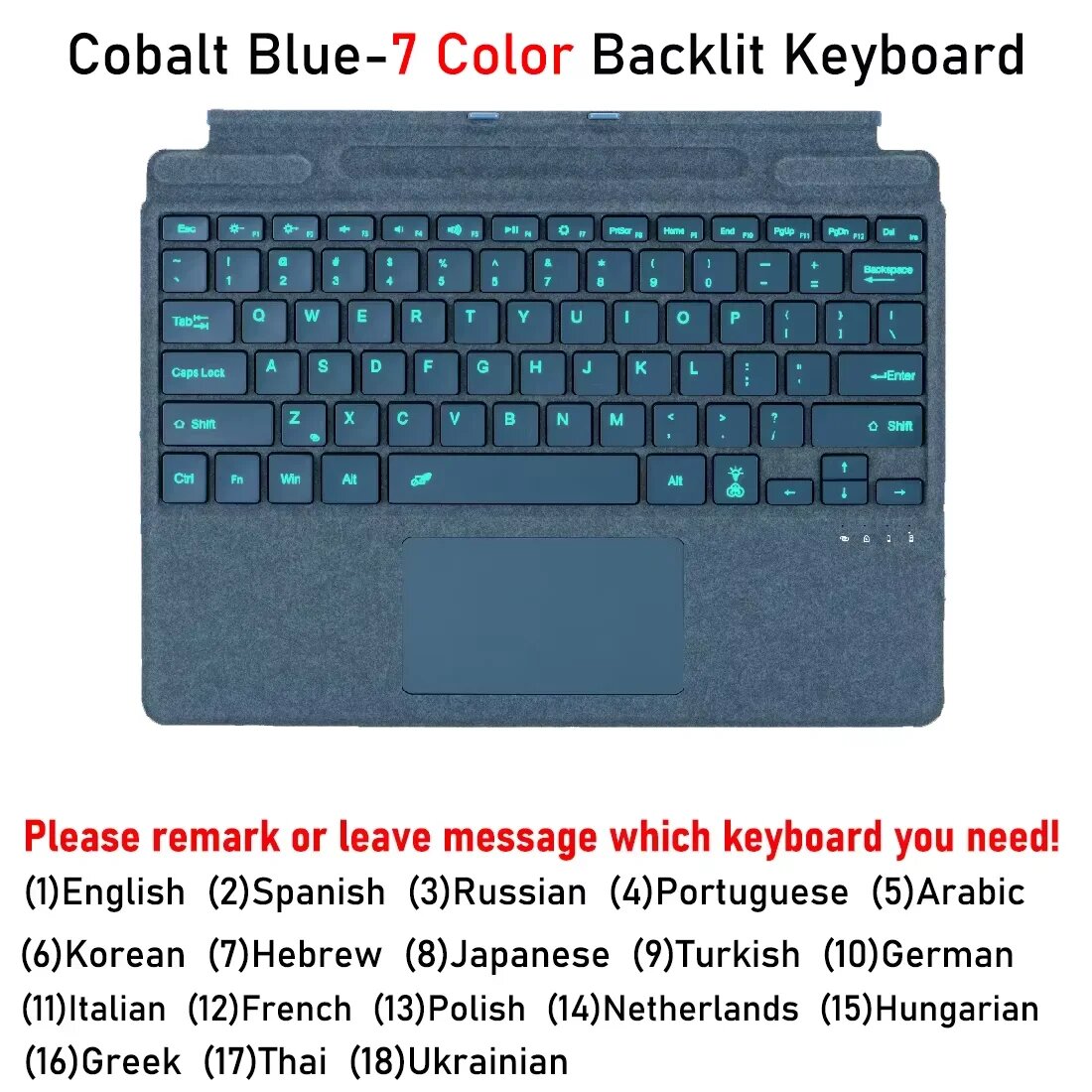 Bluetooth-клавиатура для Microsoft Surface Pro 8/9/10/11/X Russian Keyboard, Backlit-Cobalt Blue