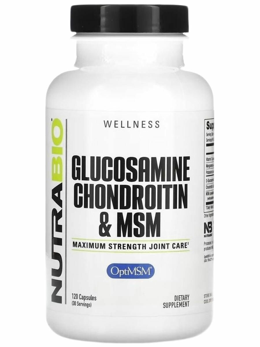 Добавка NutraBio "Глюкозамин + Хондроитин", для суставов, 120 капс