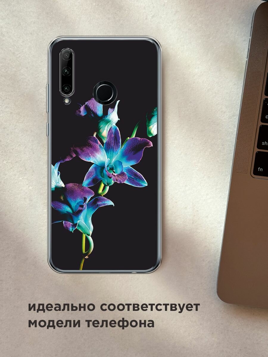 Чехол на Honor 10i/20 Lite 2019/20e/Huawei P Smart Plus 2019 / Хонор 10i с принтом "Синий цветок на черном" — фото 1